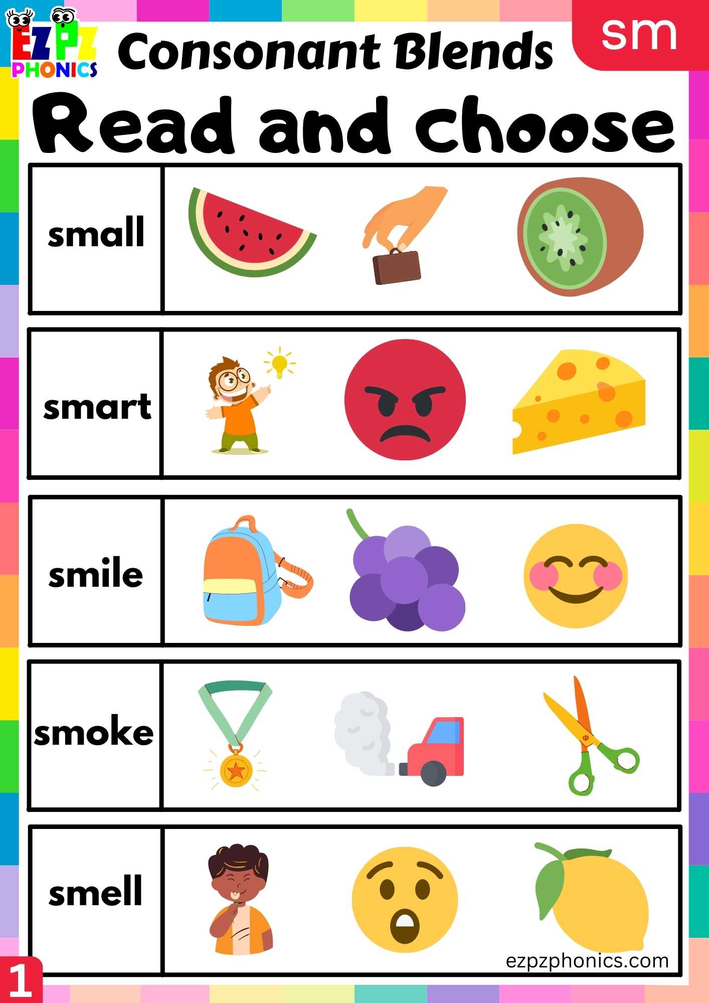 Group1 Sm Words Read And Choose Phonics Consonant Blends Worksheet